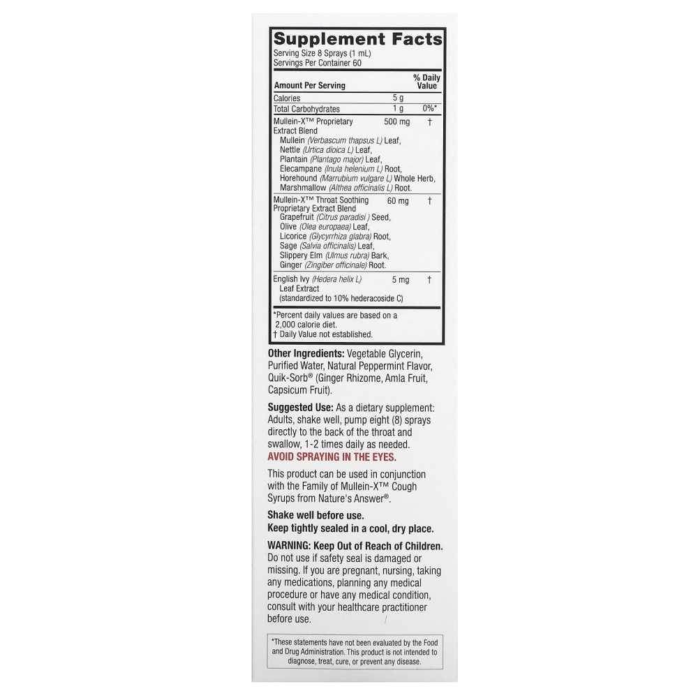 Nature's Answer, Mullein-X Throat Spray, 60ml | VIVIBENE